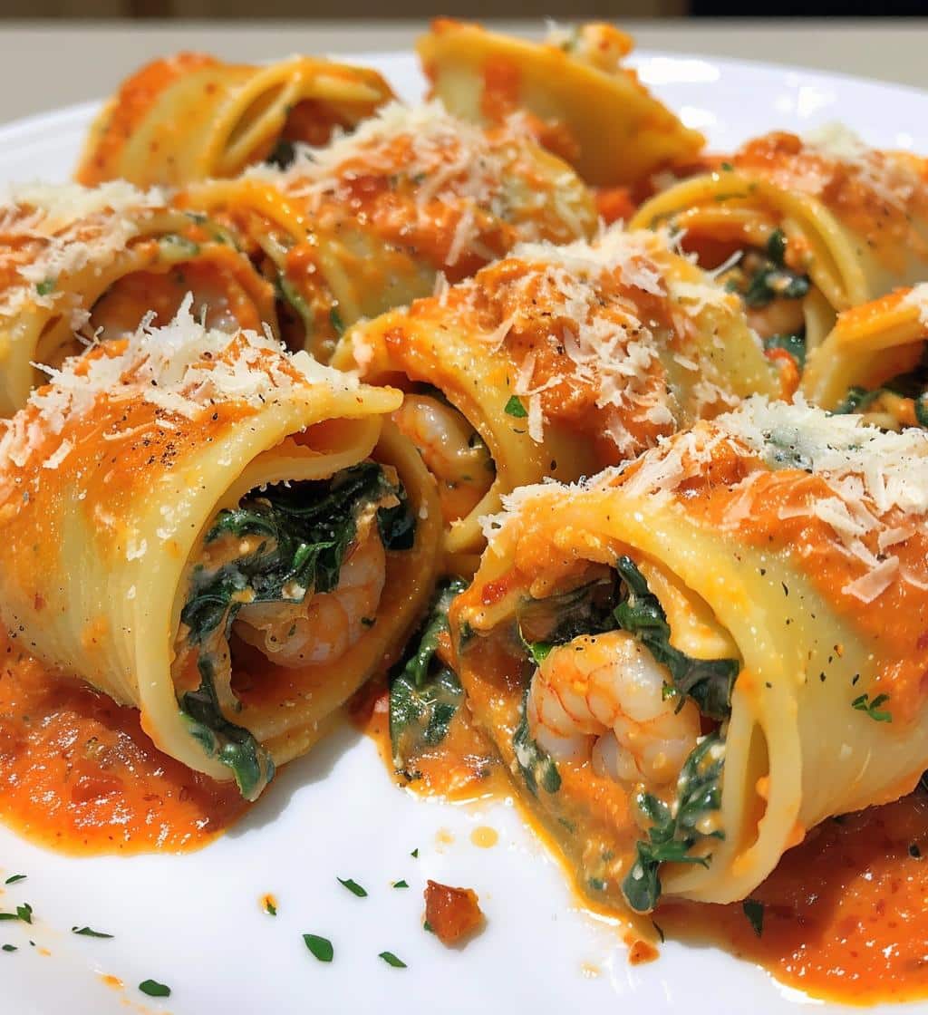 Shrimp and Spinach Stuffed Pasta Rolls in Creamy Bliss